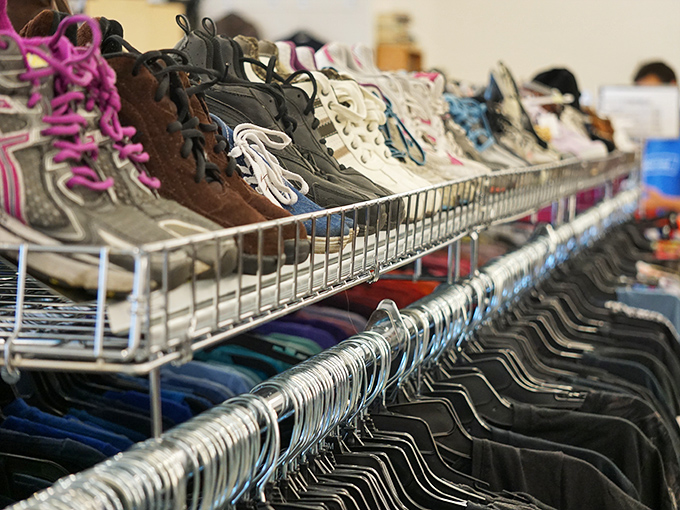 The shoe section: where your feet and wallet can both be happy. That pair in the middle? Someone's dancing shoes from 1987, guaranteed.