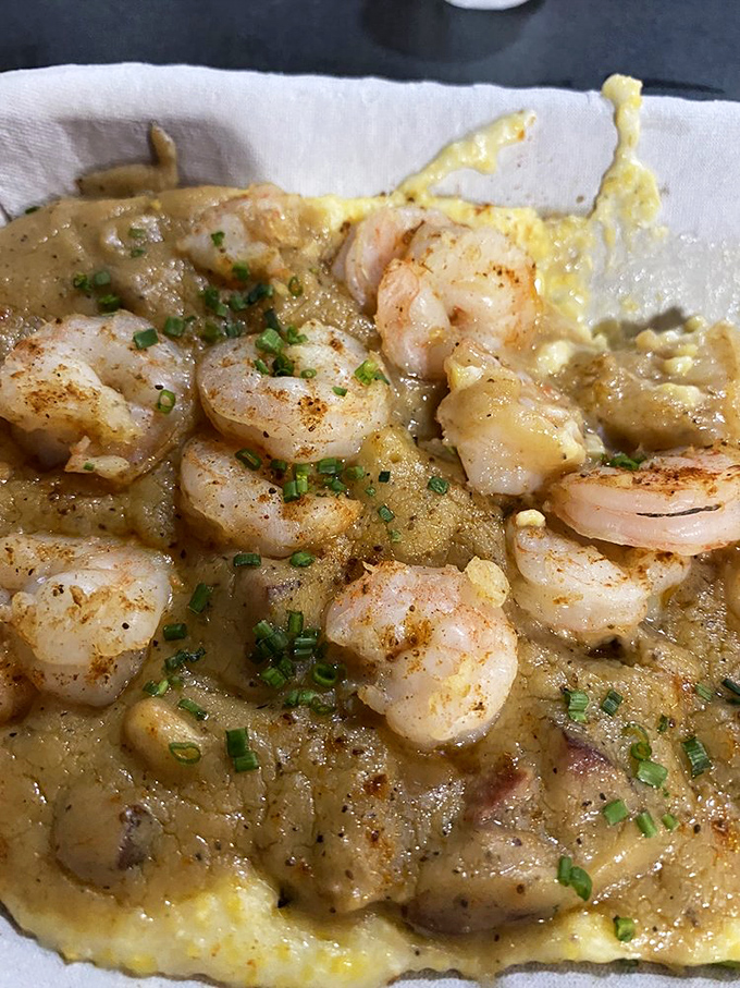 Shrimp and grits that would make your Southern grandmother weep with joy&mdash;creamy, cheesy perfection topped with perfectly seasoned crustaceans.