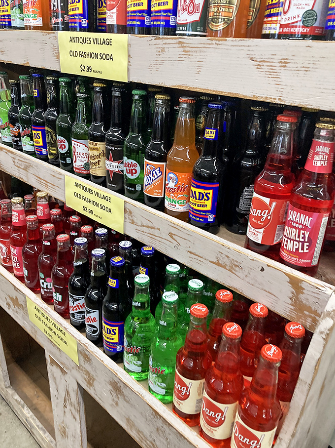 A rainbow of vintage sodas lines rustic wooden shelves—liquid nostalgia at $2.99 a bottle. Dad's Root Beer, anyone?