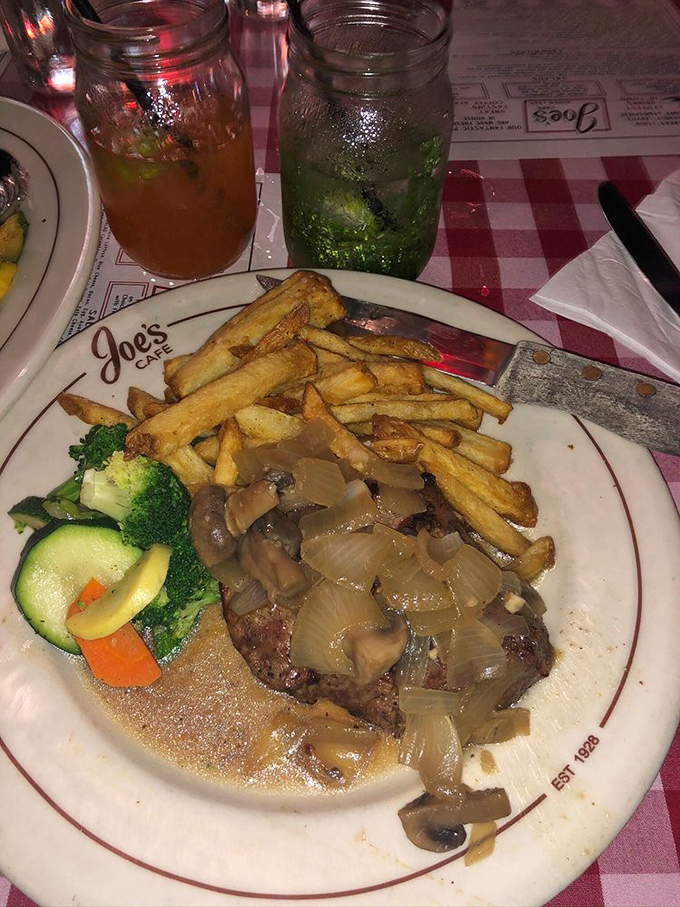 When a steak comes with mushroom gravy this good, vegetables become supporting actors in the best kind of dinner theater.