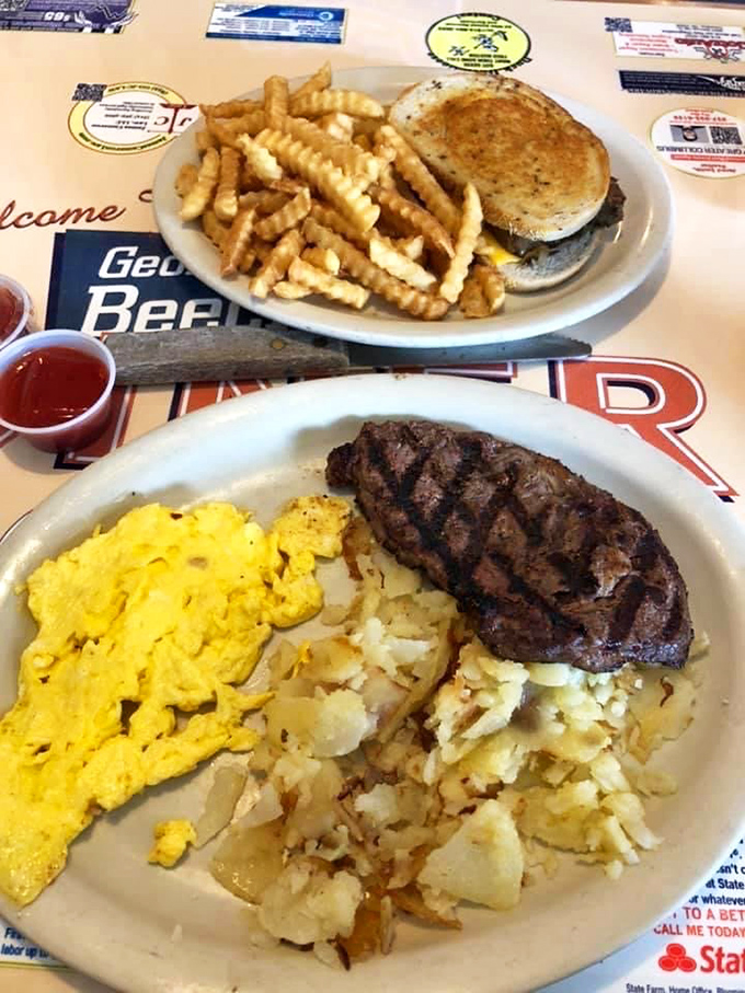 The classic diner trifecta: perfectly scrambled eggs, home fries with just the right crisp, and a burger that means business.