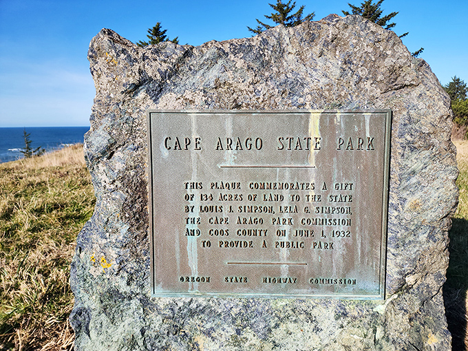 History carved in stone. This marker reminds us that Cape Arago's magic has been officially recognized since 1932&mdash;though the ocean knew it all along.