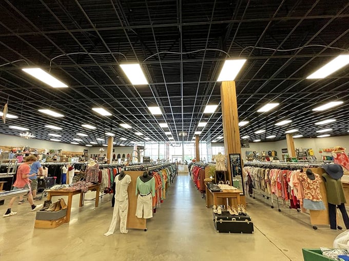 Behold the promised land of organized thrifting! High ceilings, clear signage, and clothing racks that stretch toward the horizon.