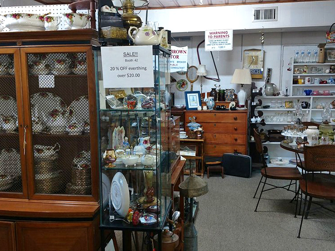 The vendor booths are like time capsules&mdash;this one mixing elegant china cabinets with treasures that survived countless Florida hurricane seasons.