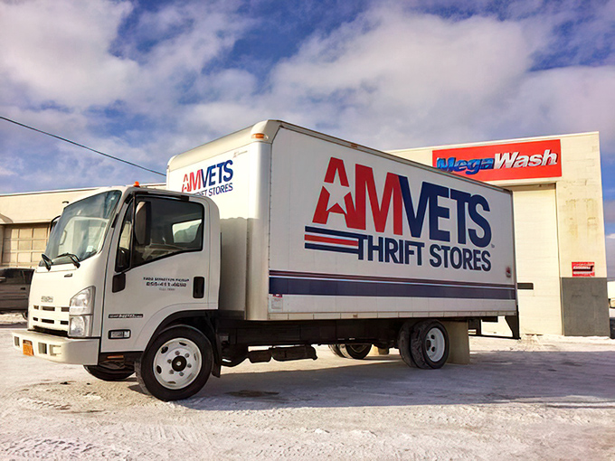 The AMVETS delivery truck &ndash; where donations begin their journey to new homes. Each box contains someone's discards and someone else's future treasures.