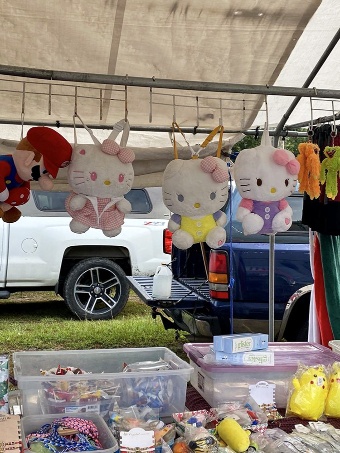 Hello Kitty meets flea market magic! These plush companions hang patiently, waiting for the right shopper to give them their forever home.