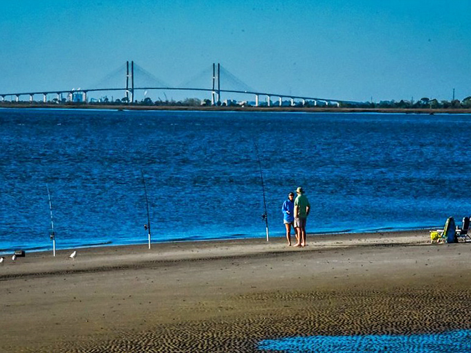 The Sidney Lanier Bridge creates a dramatic backdrop for anglers. Who needs meditation apps when you've got this peaceful scene?