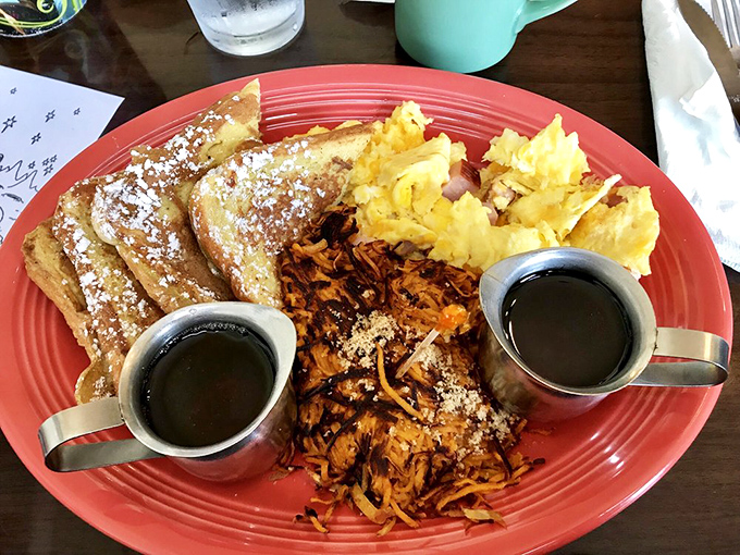 French toast that's powdered, primped and ready for its close-up, flanked by home fries that look like they've been tanning to golden perfection.