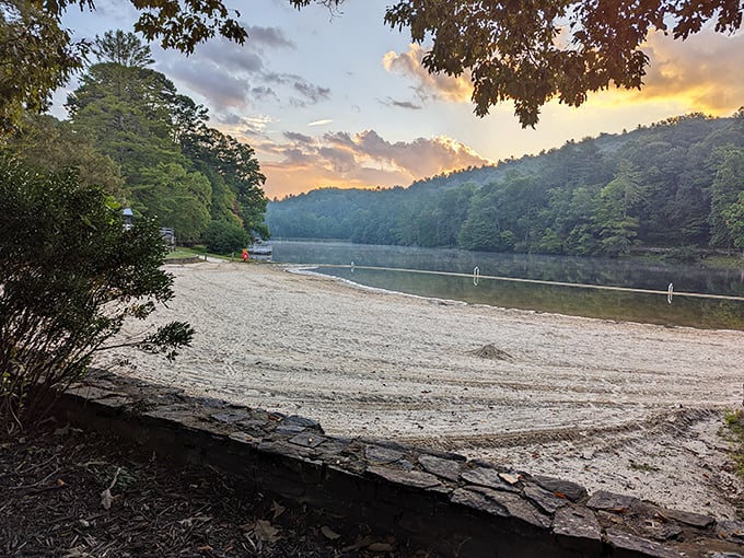 Golden hour transforms this beach into magic. Who needs Caribbean resorts when Georgia's mountain waters offer sunset views like this?