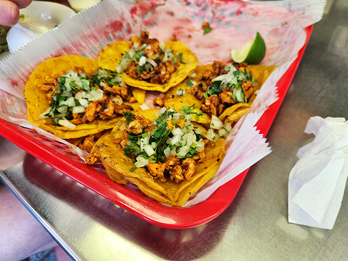 These aren't your typical gas station tacos – they're colorful little flavor bombs that'll surprise your taste buds.