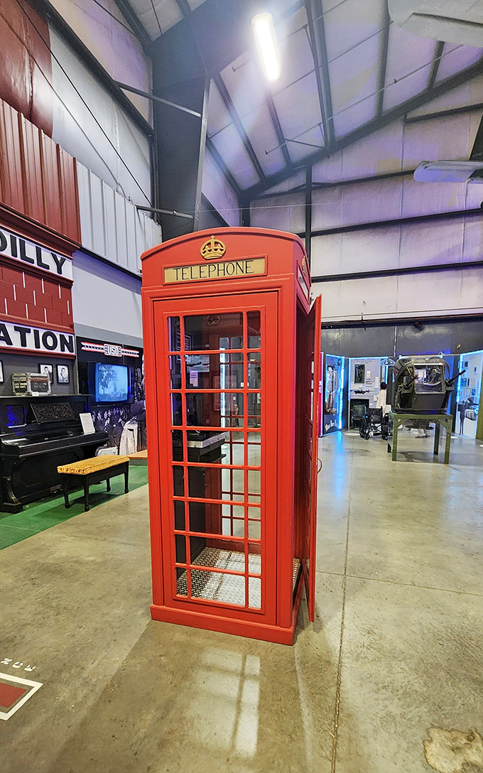 A classic British telephone booth stands incongruously among aviation exhibits&mdash;perhaps the most unexpected connection between the Royal Air Force and California.