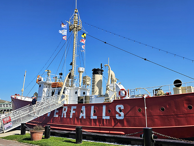 The gangway beckons visitors aboard for a journey through maritime history, no seasickness pills required for this stationary adventure.