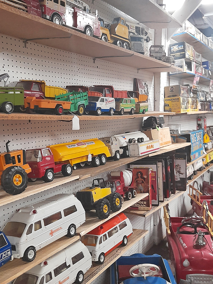 Toy trucks line up like a nostalgic parade, ready to transport you back to simpler times.