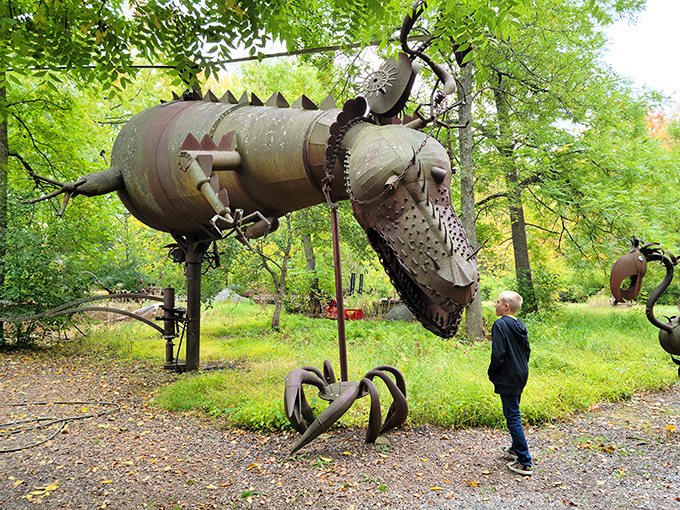 When dinosaurs roamed Wisconsin? This massive metal creature towers over visitors, its mechanical maw ready to snap at unsuspecting tourists.