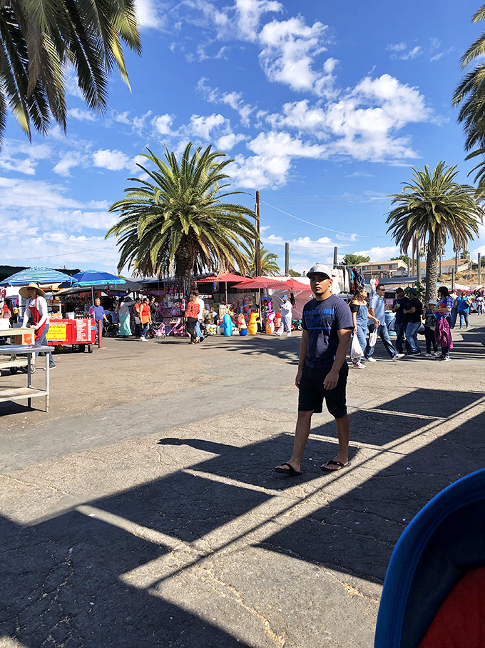 Palm trees stand sentinel over the bustling marketplace, where shoppers navigate the asphalt jungle in search of their next find.