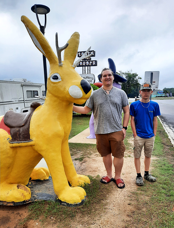 The oversized yellow jackalope provides the perfect photo opportunity. Half rabbit, half antelope, full South of the Border absurdity. 
