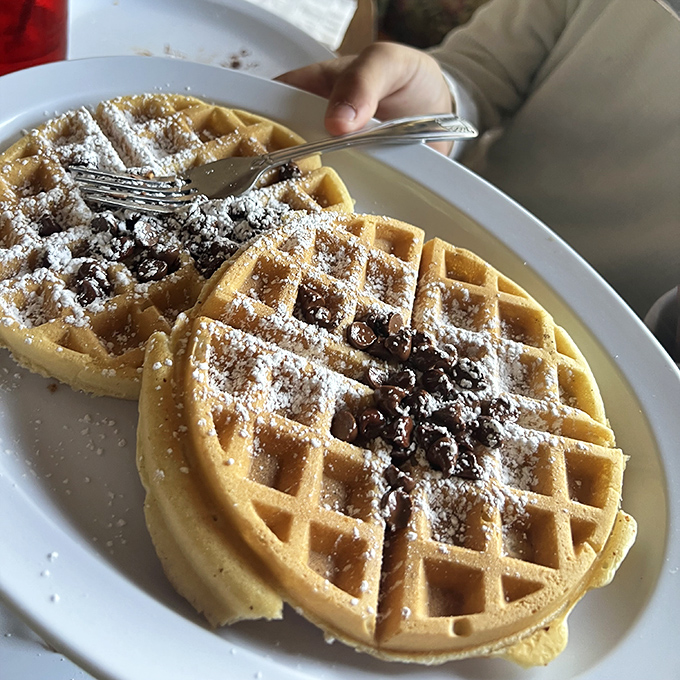 These golden waffles dusted with powdered sugar and chocolate chips aren't just breakfast &ndash; they're what weekend dreams are made of.