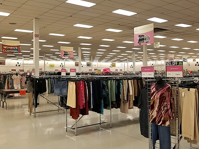 The women's clothing section &ndash; a fashion time machine where vintage blazers hang alongside last season's mall brands, all waiting for their next chapter.