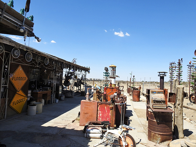 The sprawling yard reveals endless treasures, from rusted machinery to bottle trees reaching toward the endless desert sky.