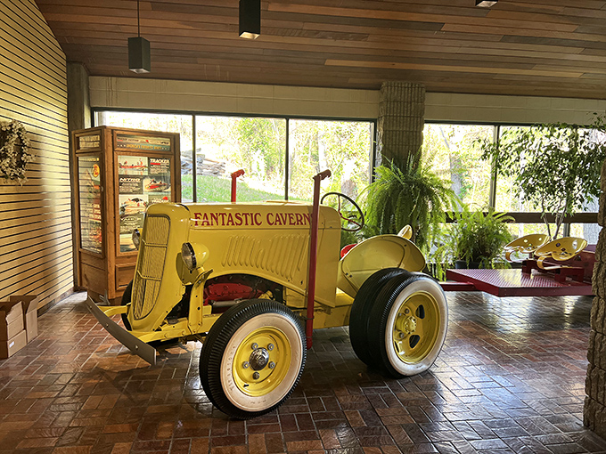Sunshine yellow and cave-exploration ready. This restored vintage vehicle stands as a cheerful reminder of Fantastic Caverns' long touring history.