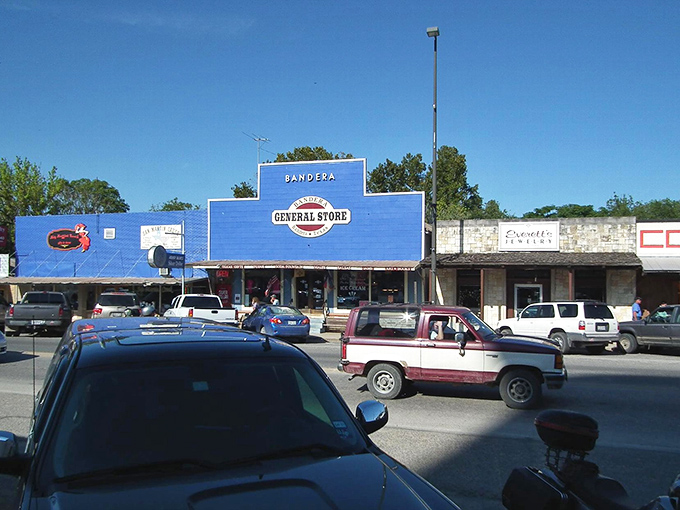 Bandera's General Store stands proudly blue against the Texas sky—probably selling everything from cowboy hats to coffee.