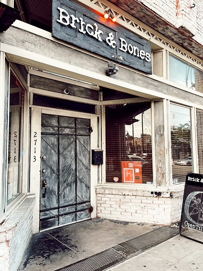 That weathered door isn't playing hard to get&mdash;it's guarding chicken secrets worth discovering. Rustic charm with urban edge.