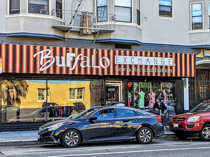 Buffalo Exchange's vibrant storefront adds a pop of color to Valencia Street. That copper-colored awning is as eye-catching as their merchandise!