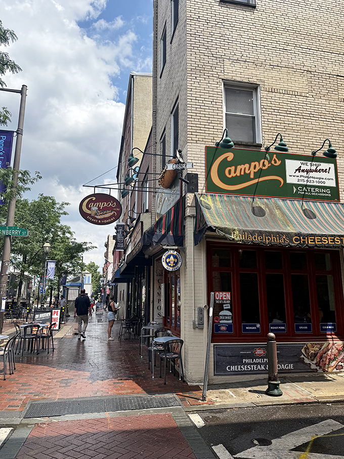 Campo's corner location in historic Philadelphia feels like the crossroads of tradition and flavor—a cheesesteak landmark.