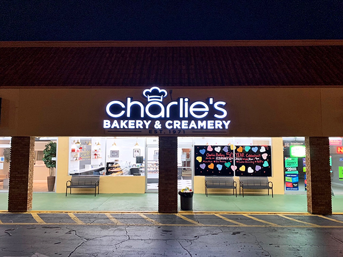 Charlie's glowing sign illuminates the night, a beacon for late-night sweet tooth emergencies.