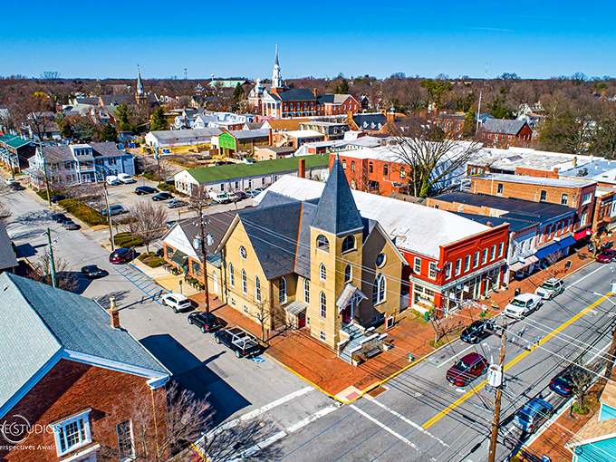 A bird's-eye view of Chestertown reveals its perfect small-town layout. That church spire has been guiding folks home for generations.