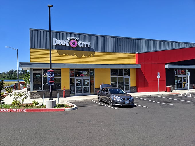 Dude Donut City's bold yellow facade brightens any Salem morning. Like sunshine in building form &ndash; with donuts!