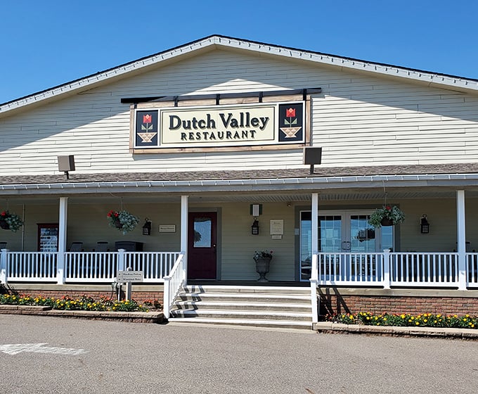 The Dutch Valley Restaurant's welcoming porch says "stay awhile" &ndash; and after tasting their pancakes, you will!