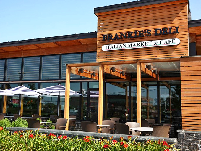 Frankie's modern wood facade suggests Italian market meets contemporary deli sophistication perfectly. 