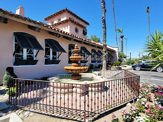 Harris Ranch's Spanish-style elegance rises from the valley like a beef-lover's mirage. That fountain adds a touch of class to your highway pit stop!
