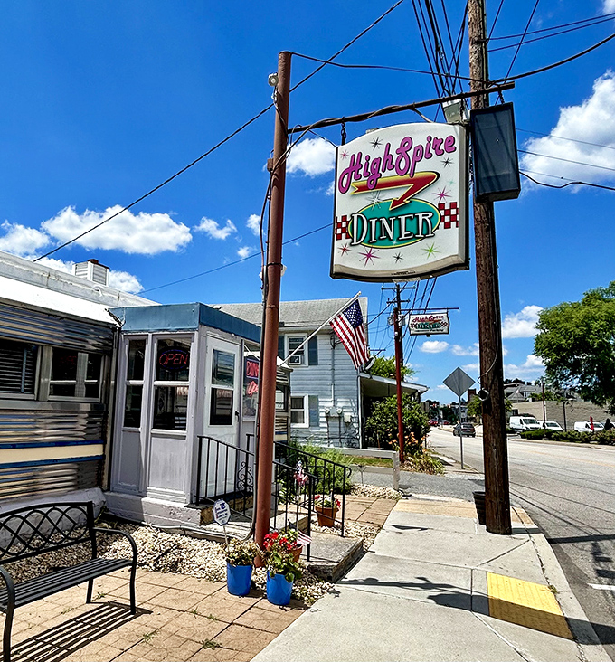 The Highspire Diner's classic stainless steel exterior gleams in the sunlight, a roadside beacon calling to breakfast lovers everywhere.