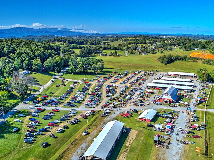Bird's eye view of bargain heaven! Jonesborough Flea Market sprawls across Tennessee's beautiful countryside.