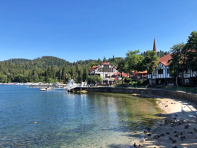 Lake Arrowhead's village where shopping meets stunning lake views in perfect mountain harmony.