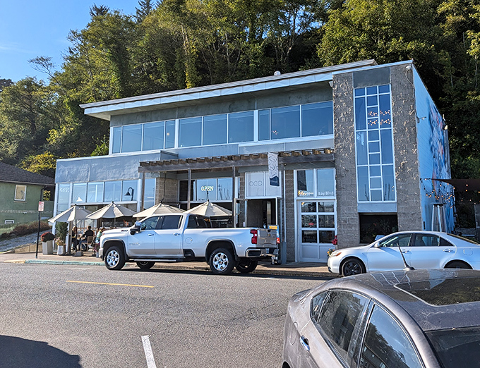 Local Ocean's modern blue building with floor-to-ceiling windows connects diners to Newport's working waterfront with every bite.