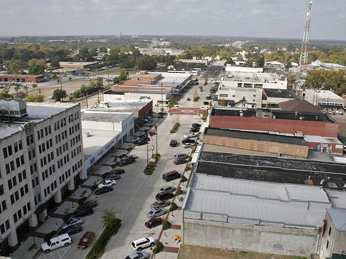 Downtown Longview from above&mdash;where streets lined with mature trees create nature's own air conditioning for window shoppers.