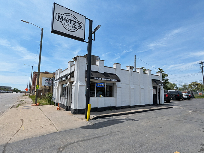 Motz's white castle-like building is the humble fortress where slider dreams come true. No frills, all thrills.