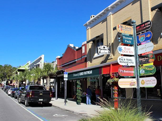 Mount Dora's colorful downtown looks like what would happen if a rainbow decided to open a shopping district.