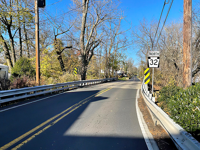 Route 32 curves through dappled sunlight like nature's roller coaster. The trees are practically giving you a standing ovation.