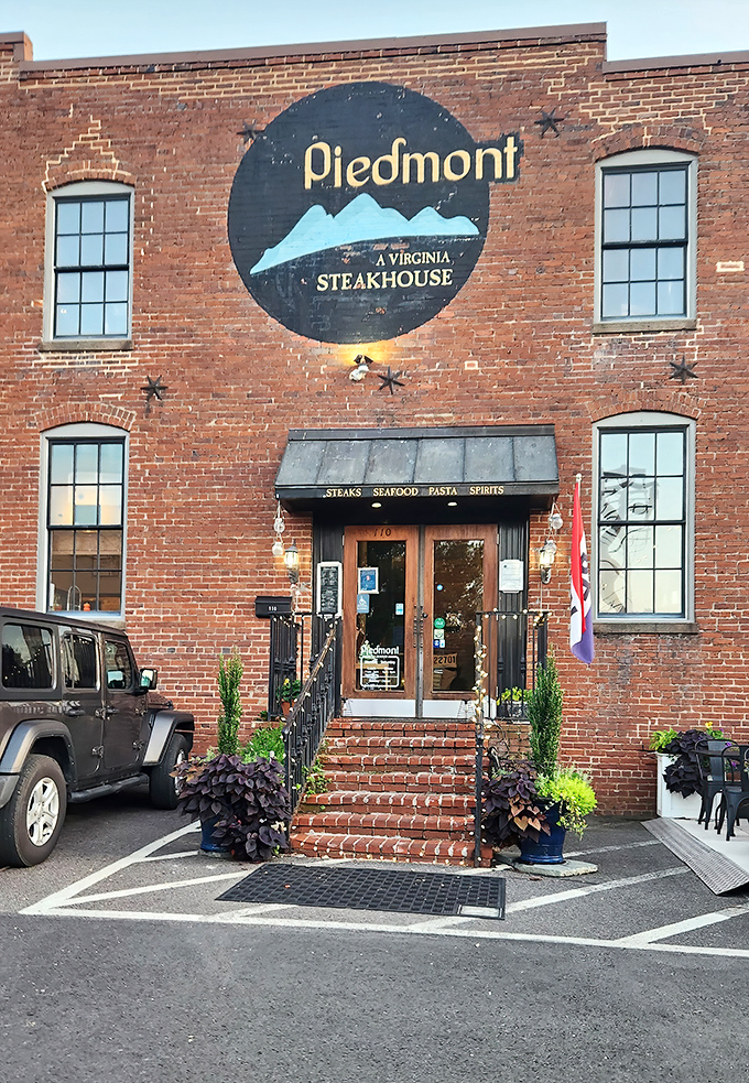 Piedmont Steakhouse's historic brick building houses modern culinary magic. That circular logo is like a bullseye for your appetite.