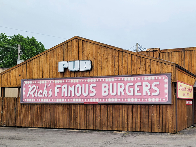 Rich's Famous Burgers' wooden exterior and neon sign promise no pretense, just honest-to-goodness burger bliss inside.