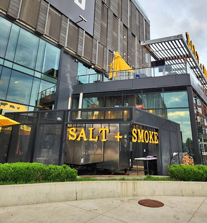 Modern, sleek, and ready for business. Salt + Smoke's exterior is like that cool person who doesn't need to try too hard.