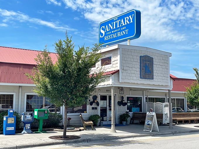 The Sanitary Fish Market's no-nonsense sign has been guiding hungry travelers for generations. Simple name, extraordinary seafood!