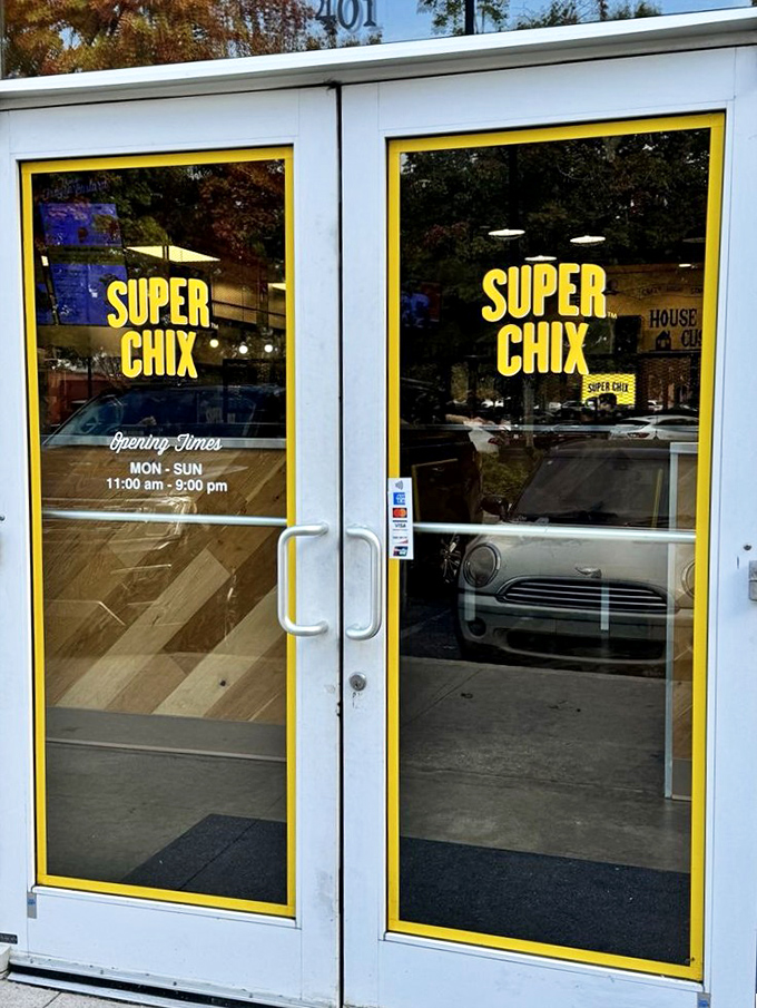 Bold yellow letters promise super chicken, and brother, they deliver on every golden, crispy promise.