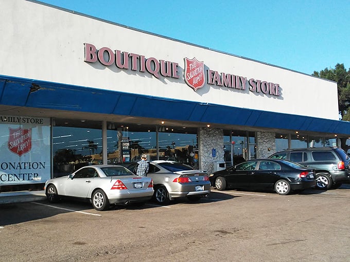 The Salvation Army's welcoming facade masks the treasure trove of bargains hiding behind those blue doors.