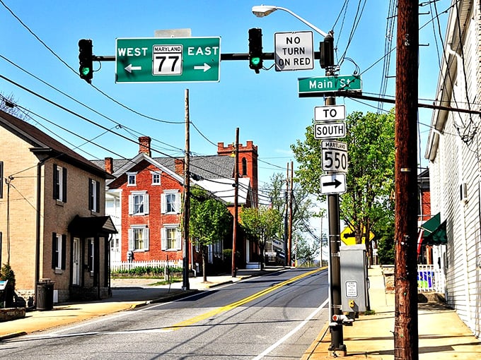 Thurmont's main street greets visitors with American flags and mountain views. Small-town living with nature's grandstand as your backdrop!