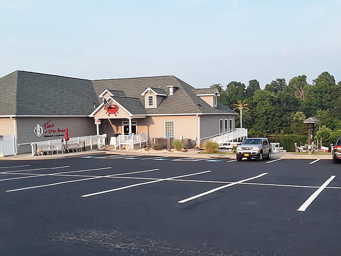 Tim's at Lake Anna looks like a postcard come to life. That red crab sign promises delicious things inside.